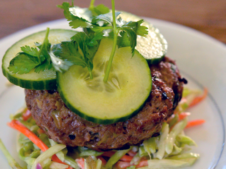 Ginger Garlic Burgers with Sriracha Broccoli Slaw - Sarah Fragoso